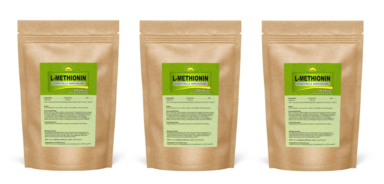 Sparpack Bonemis® L-Methionin, veganes Pulver, 3x 200 g im Beutel